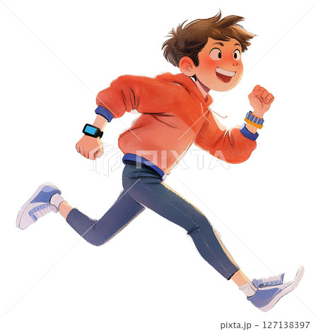 Boy joyfully running in athletic attire during...のイラスト素材 [127138397 ...