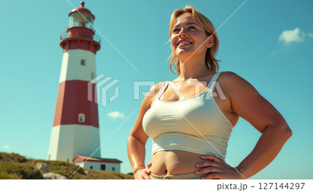 Woman smiling by a lighthouse.のイラスト素材 [127144297] - PIXTA
