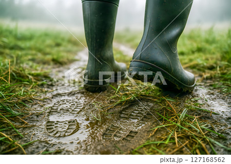 Green rubber boots leaving distinct footprints...のイラスト素材 [127168562 ...