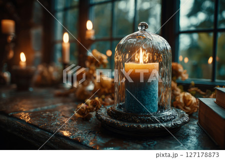 Burning candle under glass dome on rustic...のイラスト素材 [127178873] - PIXTA