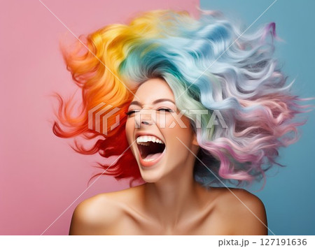 Exuberant Young Woman with Rainbow Hair...のイラスト素材 [127191636] - PIXTA