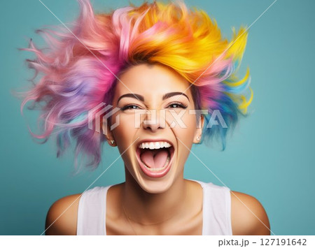 Exuberant Young Woman with Rainbow Hair...のイラスト素材 [127191642] - PIXTA