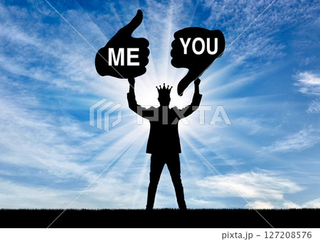 Selfishness. Arrogant man with a crown holding...のイラスト素材 [127208576 ...