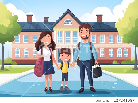 morning drop-off at school with cartoon parents...のイラスト素材 [127241087 ...
