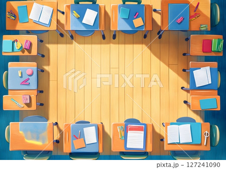 cartoon-style overhead view of classroom desks...のイラスト素材 [127241090 ...