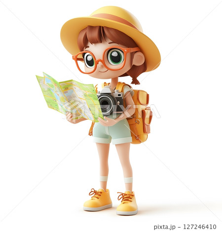 Cute 3D tourist with map and camera,のイラスト素材 [127246410] - PIXTA