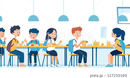 Happy school children enjoying lunch break...のイラスト素材 [127250169] - PIXTA