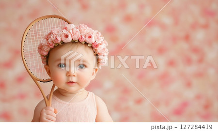 Adorable Baby Boy Holding a Tennis Racket Made...のイラスト素材 [127284419 ...