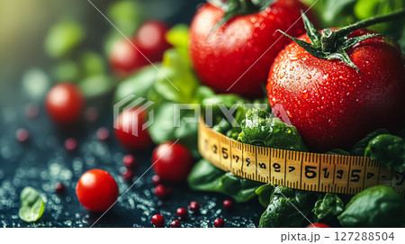 Ruler is placed on top of a plate of tomatoes...のイラスト素材 [127288504] - PIXTA