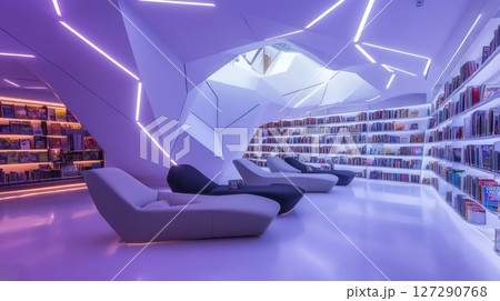 Modern Library Interior with Geometric Ceiling...のイラスト素材 [127290768 ...