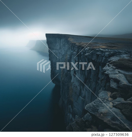 Cliff edge with misty ocean below. Dramatic...のイラスト素材 [127309636] - PIXTA