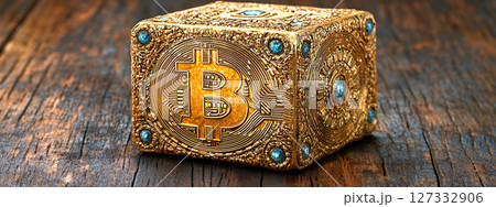 Ornate gold cube with Bitcoin symbol on dark woodのイラスト素材 [127332906 ...