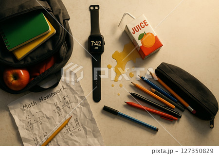 Spilled juice, pencils, and torn math homework...のイラスト素材 [127350829 ...