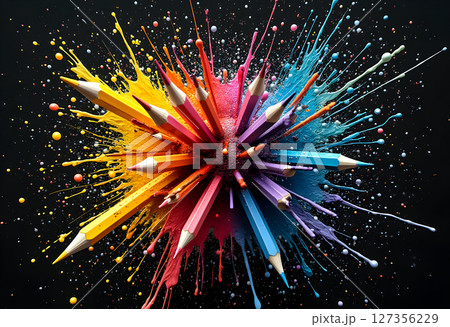 Colorful explosion of pencils radiating paint...のイラスト素材 [127356229] - PIXTA