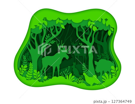 Paper cut green forest with animals and trees...のイラスト素材 [127364749] - PIXTA