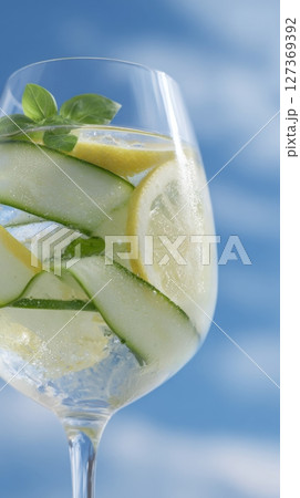 Spa spritz features cucumber, lemon, and basil...のイラスト素材 [127369392 ...