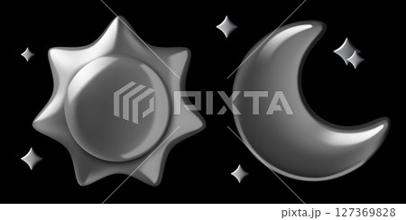 Sun and crescent moon 3d chrome stickers with...のイラスト素材 [127369828] - PIXTA