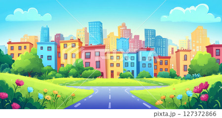 A cartoon city view with a road leading to...のイラスト素材 [127372866] - PIXTA