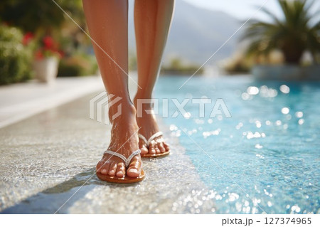 Woman walking barefoot along pool edge with...のイラスト素材 [127374965] - PIXTA