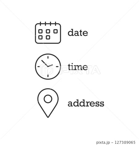 Date, time, location icon in flat style. Event...のイラスト素材 [127389065 ...