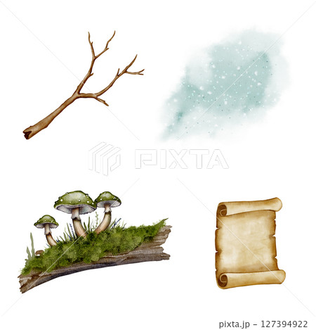 set of Green mushrooms on moss, scroll and tree...のイラスト素材 [127394922 ...