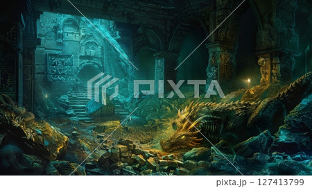 In a dimly lit chamber of an ancient temple, a...のイラスト素材 [127413799 ...