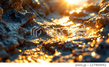 Golden light filters through the muddy beach,...のイラスト素材 [127469442] - PIXTA