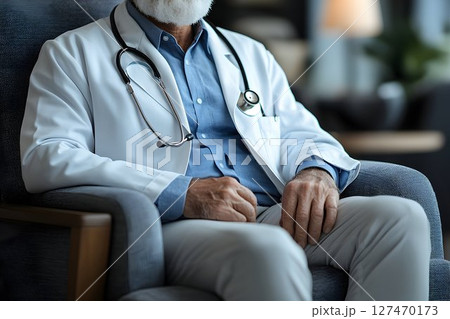 Thoughtful mature doctor in white coat resting...のイラスト素材 [127470173 ...