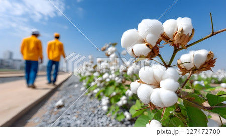 A close-up of blooming cotton plants alongside...のイラスト素材 [127472700 ...