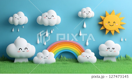 Cheerful Cartoon Weather Scene with Rainbow and...のイラスト素材 [127473145 ...