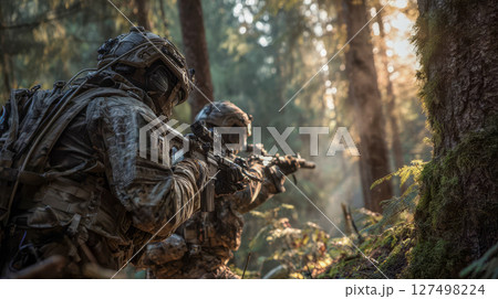 Camouflaged snipers move through dense forest...のイラスト素材 [127498224] - PIXTA