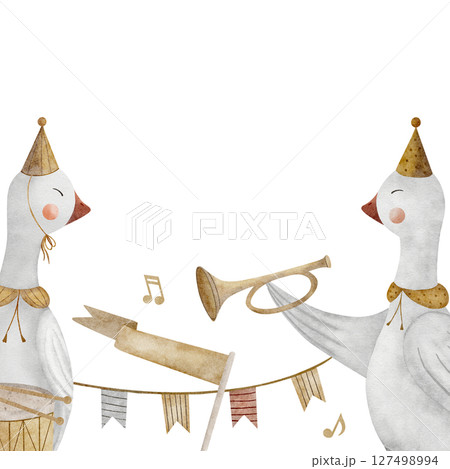 Frame geese musicians, watercolor illustration...のイラスト素材 [127498994 ...
