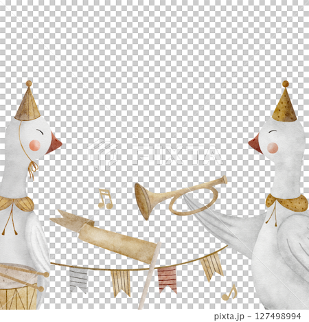 Frame geese musicians, watercolor illustration...のイラスト素材 [127498994 ...