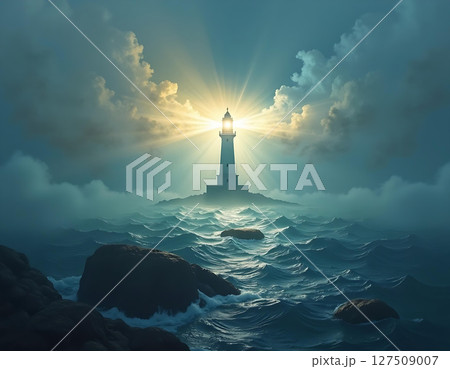Lighthouse with sun rays over ocean horizonのイラスト素材 [127509007] - PIXTA