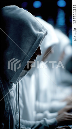 Hooded figures working on computers in dimly...のイラスト素材 [127511331] - PIXTA