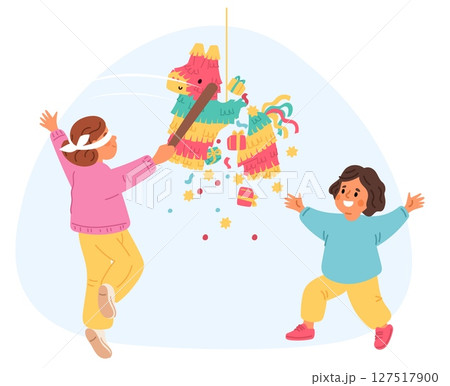 Children play pinata. Happy kids smashing toy...のイラスト素材 [127517900] - PIXTA