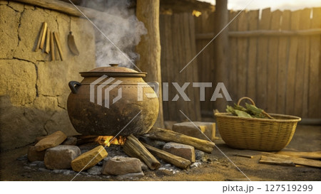 Traditional cooking with clay pot over an open...のイラスト素材 [127519299 ...
