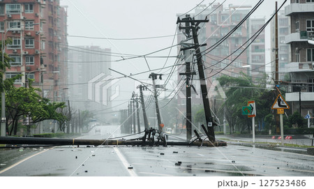 Damaged road with fallen power lines, broken...のイラスト素材 [127523486] - PIXTA