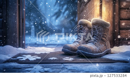winter boots on mat, snowy prints, entrance scene.のイラスト素材 [127533284 ...