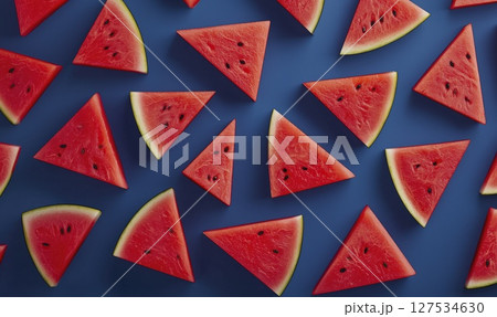 Watermelon triangle slices flat lay with seeds...のイラスト素材 [127534630 ...