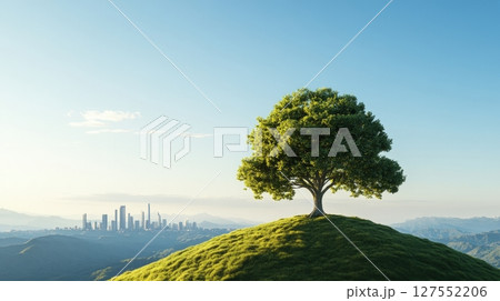 Majestic Oak Tree Overlooking Futuristic...のイラスト素材 [127552206] - PIXTA