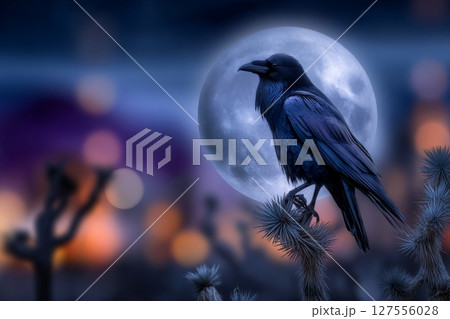 A large black raven perches on a Joshua tree,...のイラスト素材 [127556028] - PIXTA
