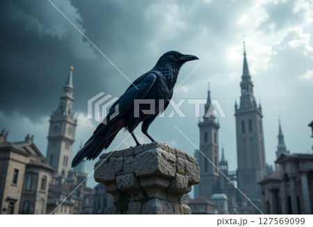 Majestic Black Raven Perched Against Historic...のイラスト素材 [127569099] - PIXTA
