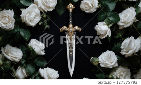 Ornate dagger surrounded by white rosesのイラスト素材 [127575792] - PIXTA