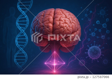 AI generated realistic brain with DNA helix and...のイラスト素材 [127587066 ...