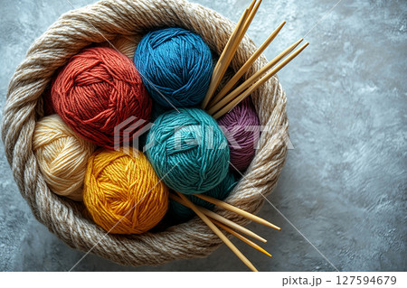 Crisp details. Vibrant yarn skeins and knitting...のイラスト素材 [127594679 ...