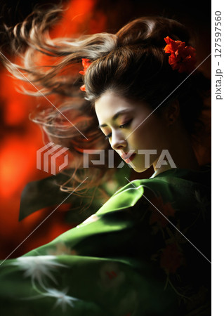 geisha woman with flower in her hair and...のイラスト素材 [127597560] - PIXTA
