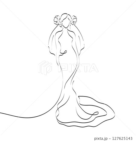 Continuous line drawing of a girl in a wedding...のイラスト素材 [127625143 ...