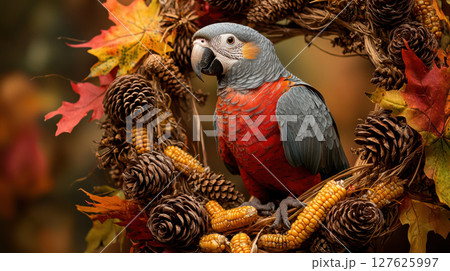 Vibrant parrot perched on autumn themed wreath...のイラスト素材 [127625997 ...