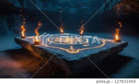 Ancient glowing ritual altar with fire torches...のイラスト素材 [127631459 ...